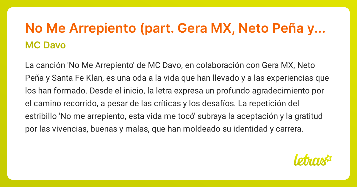 Significado de la canción No Me Arrepiento (part. Gera MX, Neto Peña y ...