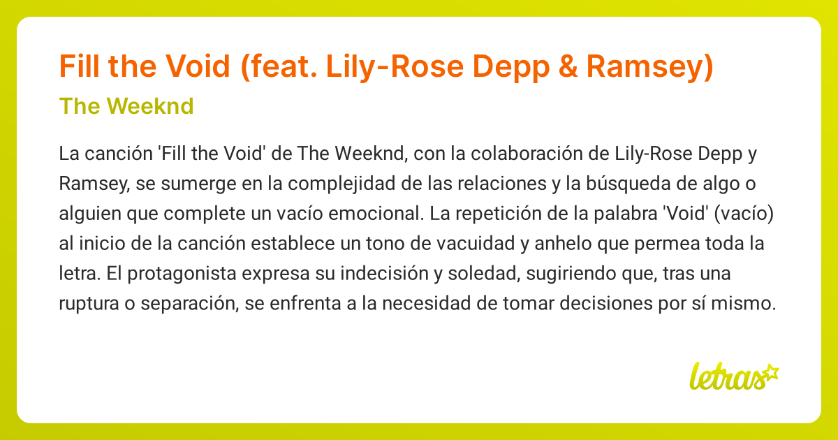 Significado de la canción Fill the Void (feat. Lily-Rose Depp & Ramsey) (The Weeknd) - LETRAS.COM