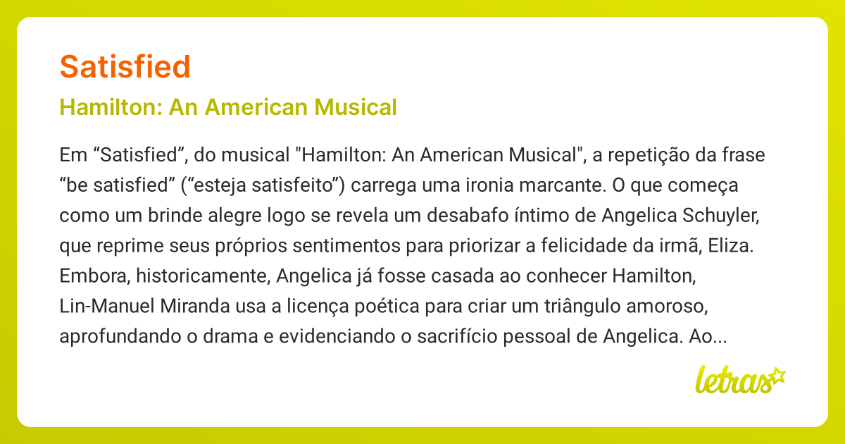 Significado da música SATISFIED (Hamilton: An American Musical ...