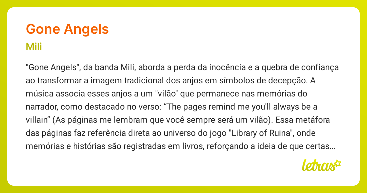 Significado da música GONE ANGELS (Mili) - LETRAS.MUS.BR