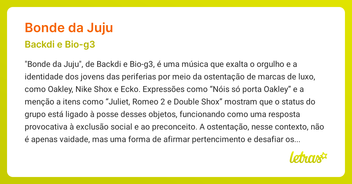 Significado da música BONDE DA JUJU (Backdi e Bio-g3) - LETRAS.MUS.BR
