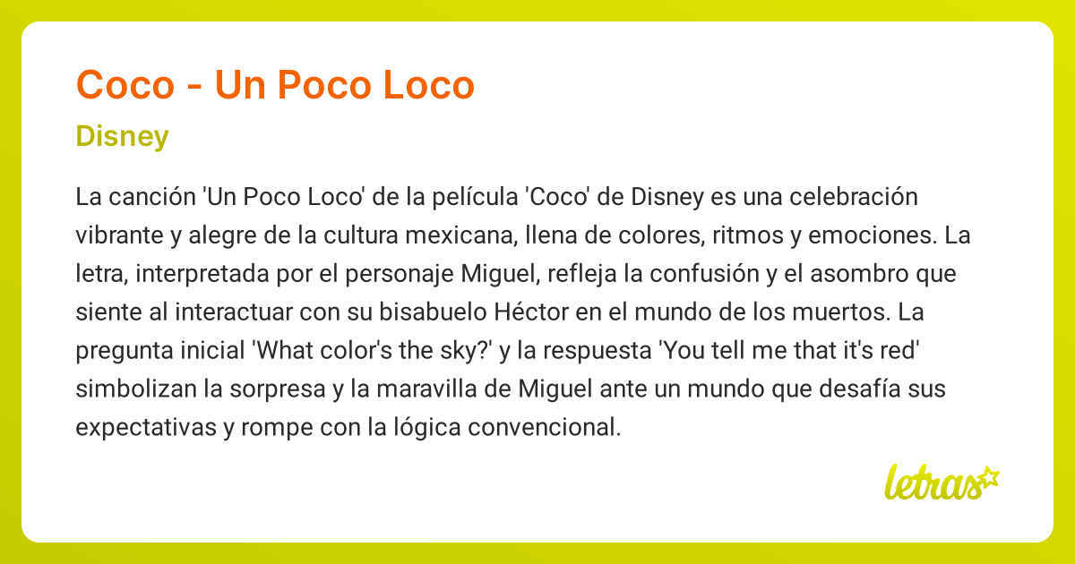 Significado de la canción COCO - UN POCO LOCO (Disney) - LETRAS.COM