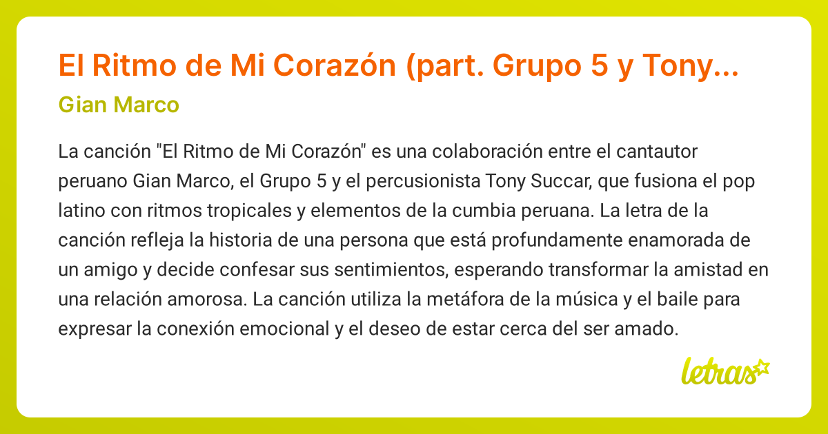 Significado de la canción El Ritmo de Mi Corazón (part. Grupo 5 y Tony ...