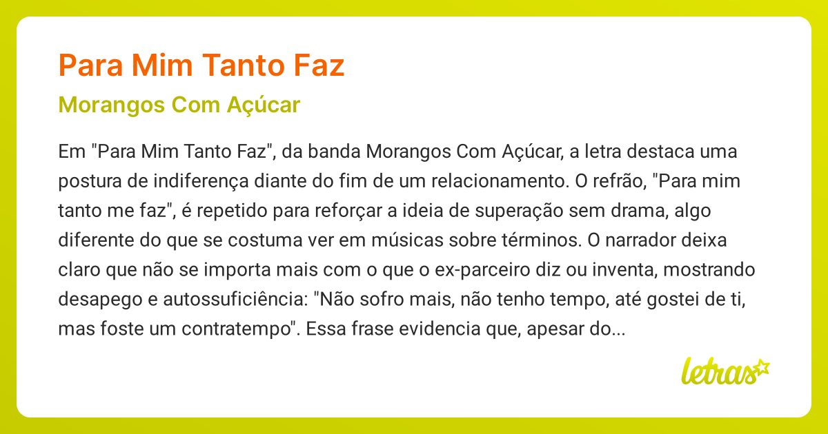 Significado da música PARA MIM TANTO FAZ (Morangos Com Açúcar) - LETRAS ...