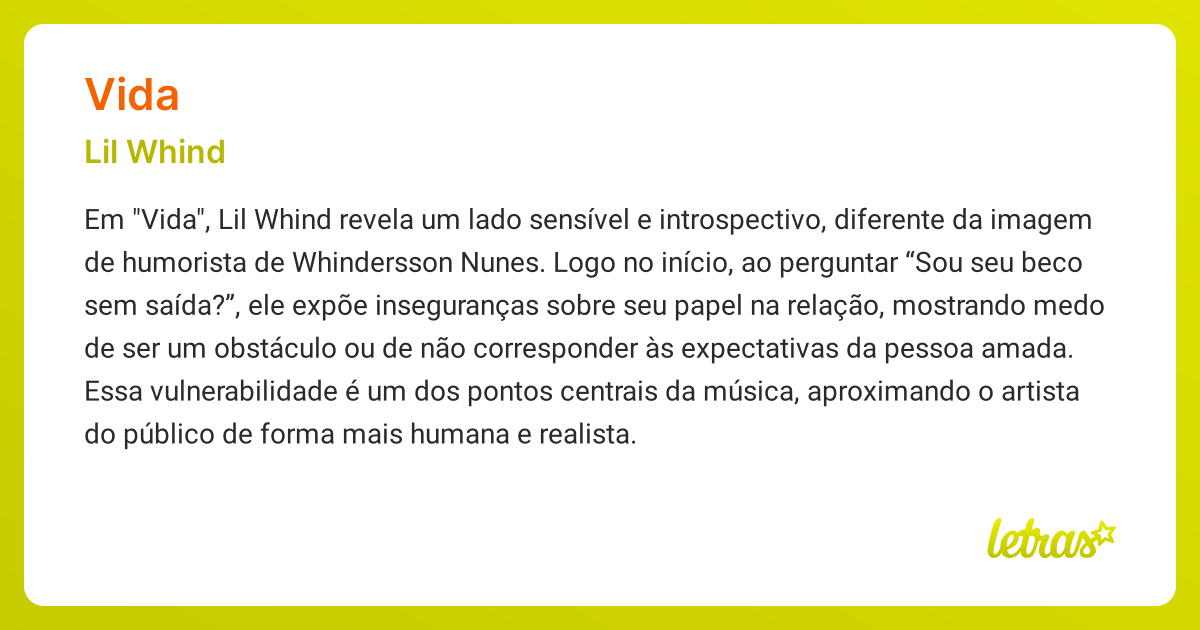 Significado da música VIDA (Lil Whind) - LETRAS.MUS.BR