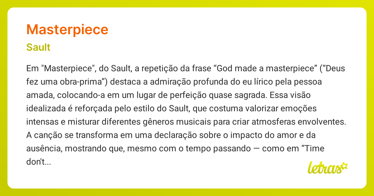 Significado da música MASTERPIECE (Sault) - LETRAS.MUS.BR