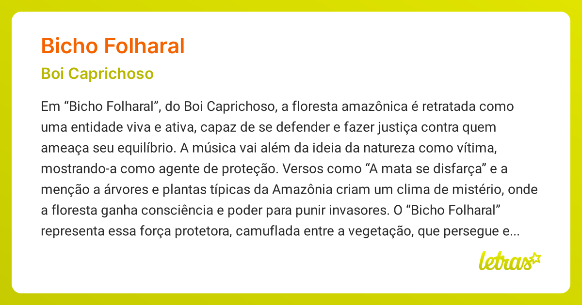 Significado da música BICHO FOLHARAL (Boi Caprichoso) - LETRAS.MUS.BR