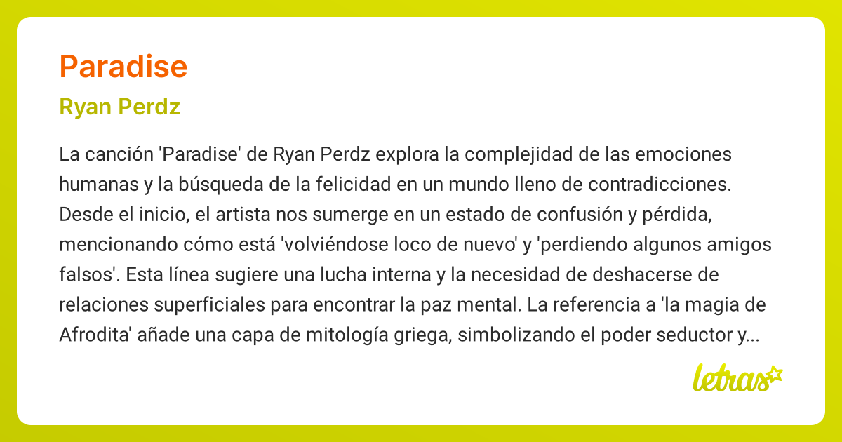 Significado de la canción PARADISE (Ryan Perdz) - LETRAS.COM