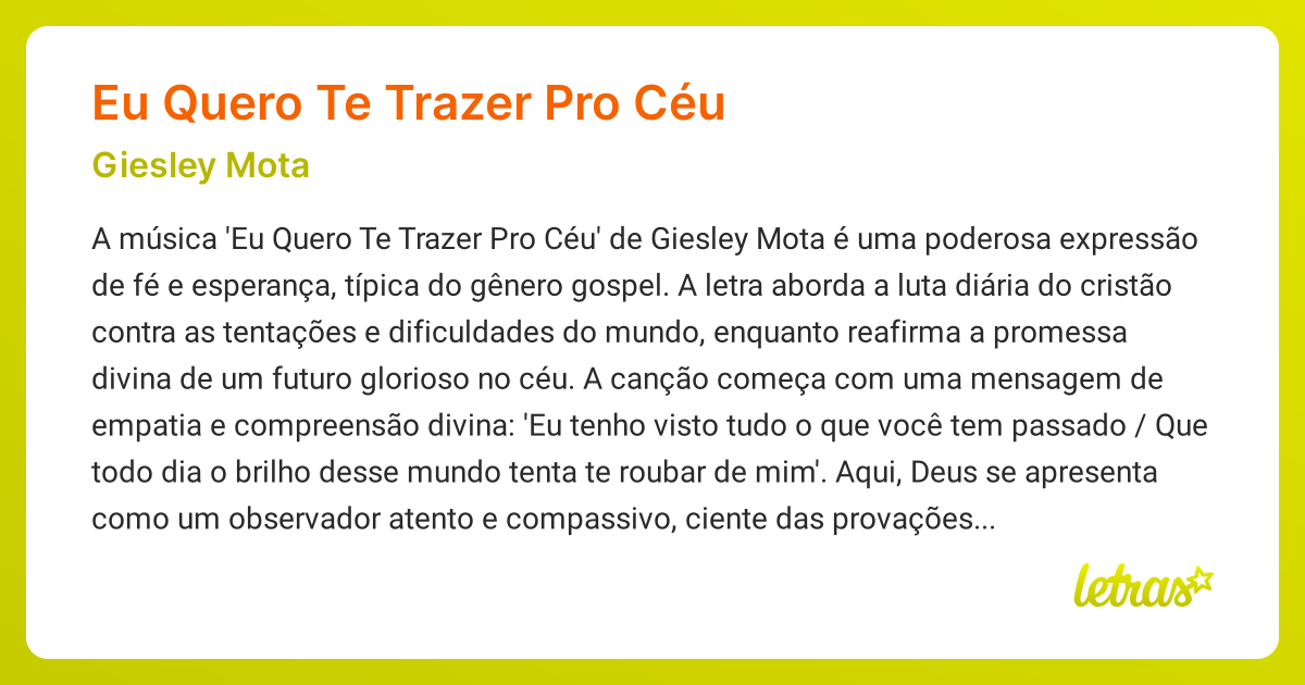 Significado da música EU QUERO TE TRAZER PRO CÉU (Giesley Mota ...