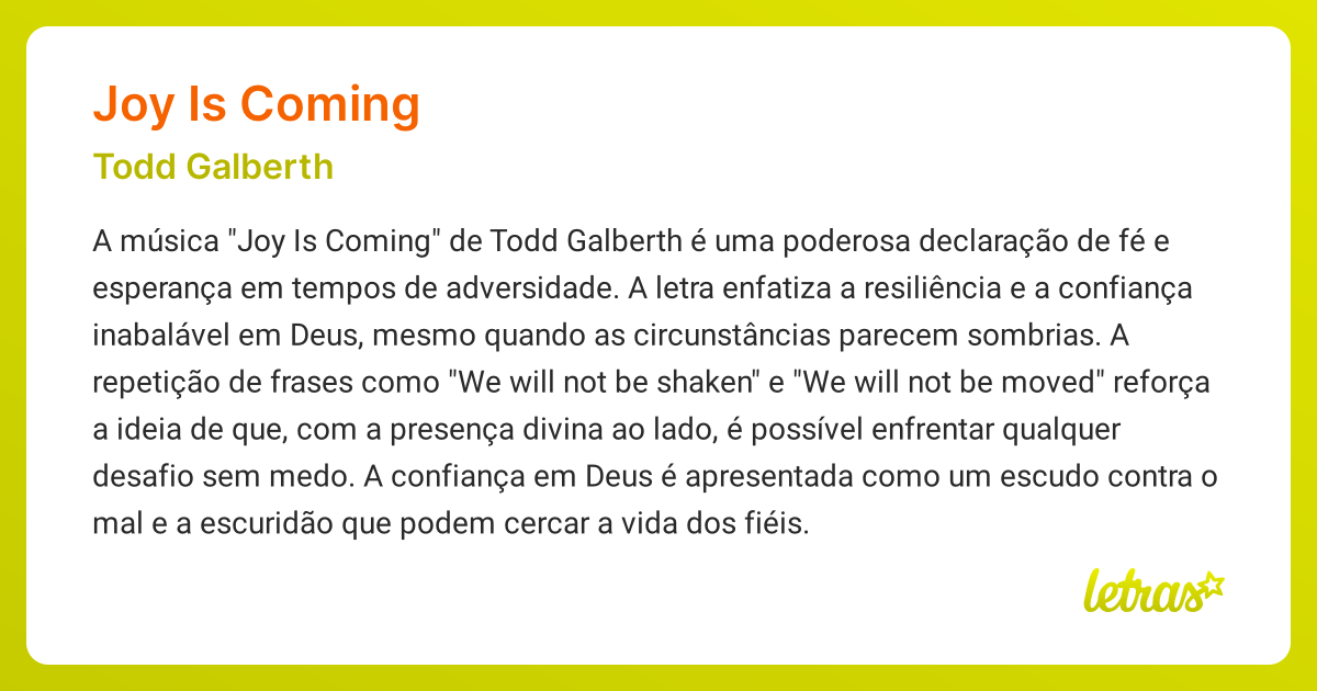 Significado da música JOY IS COMING (Todd Galberth) - LETRAS.MUS.BR