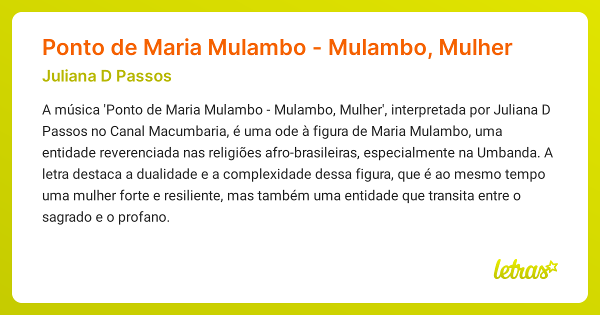 Significado da música Ponto de Maria Mulambo - Mulambo, Mulher (Juliana ...