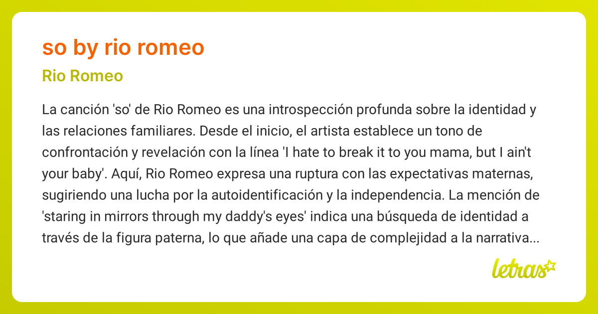 Significado de la canción SO BY RIO ROMEO (Rio Romeo) - LETRAS.COM