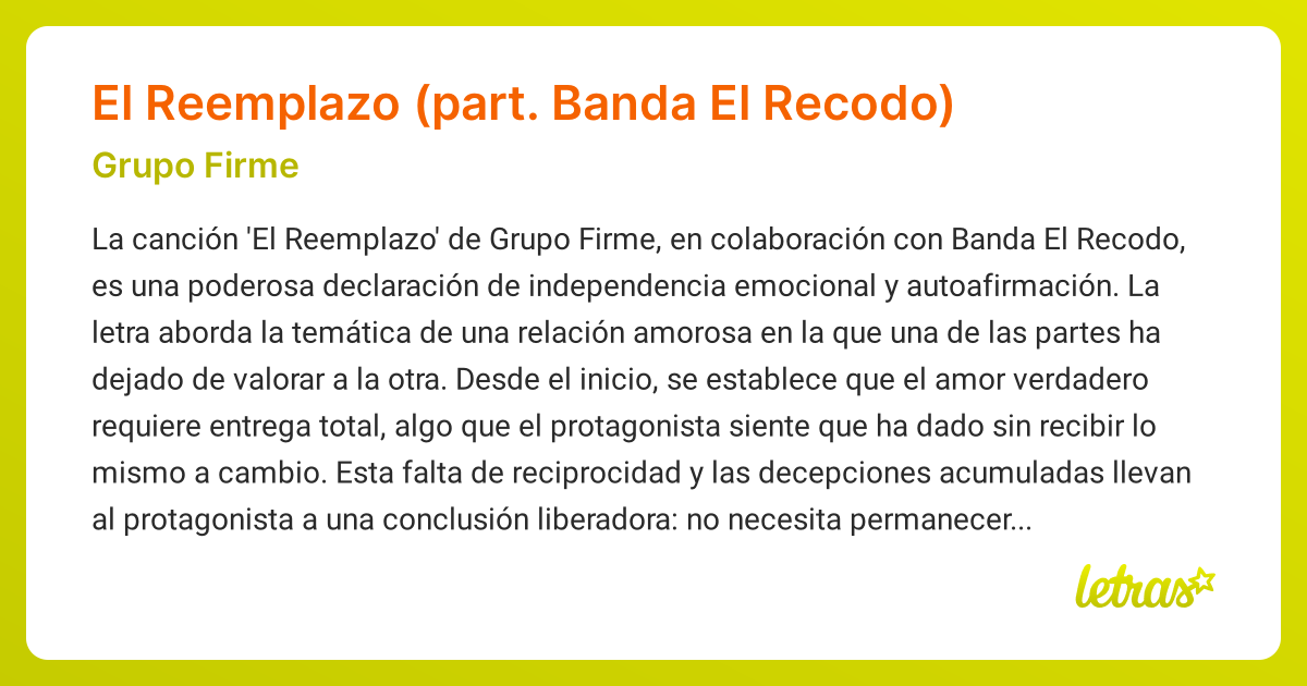 Significado de la canción El Reemplazo (part. Banda El Recodo) (Grupo ...