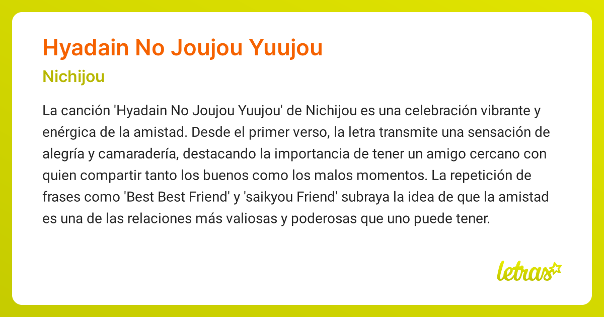Significado de la canción HYADAIN NO JOUJOU YUUJOU (Nichijou) - LETRAS.COM