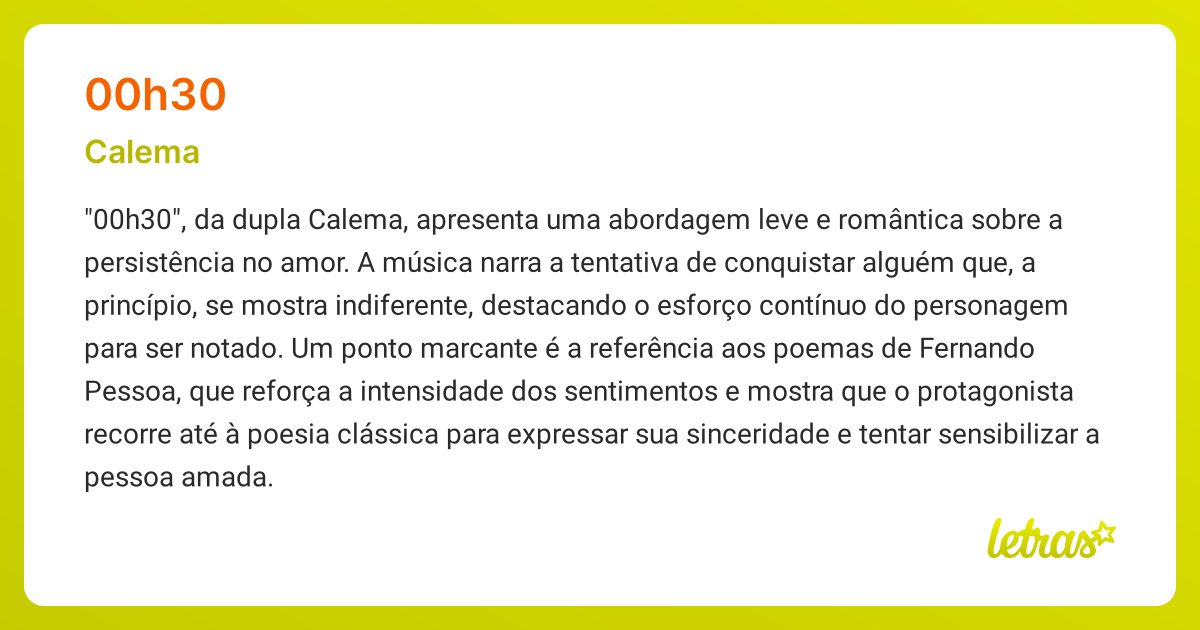 Significado da música 00H30 (Calema) - LETRAS.MUS.BR