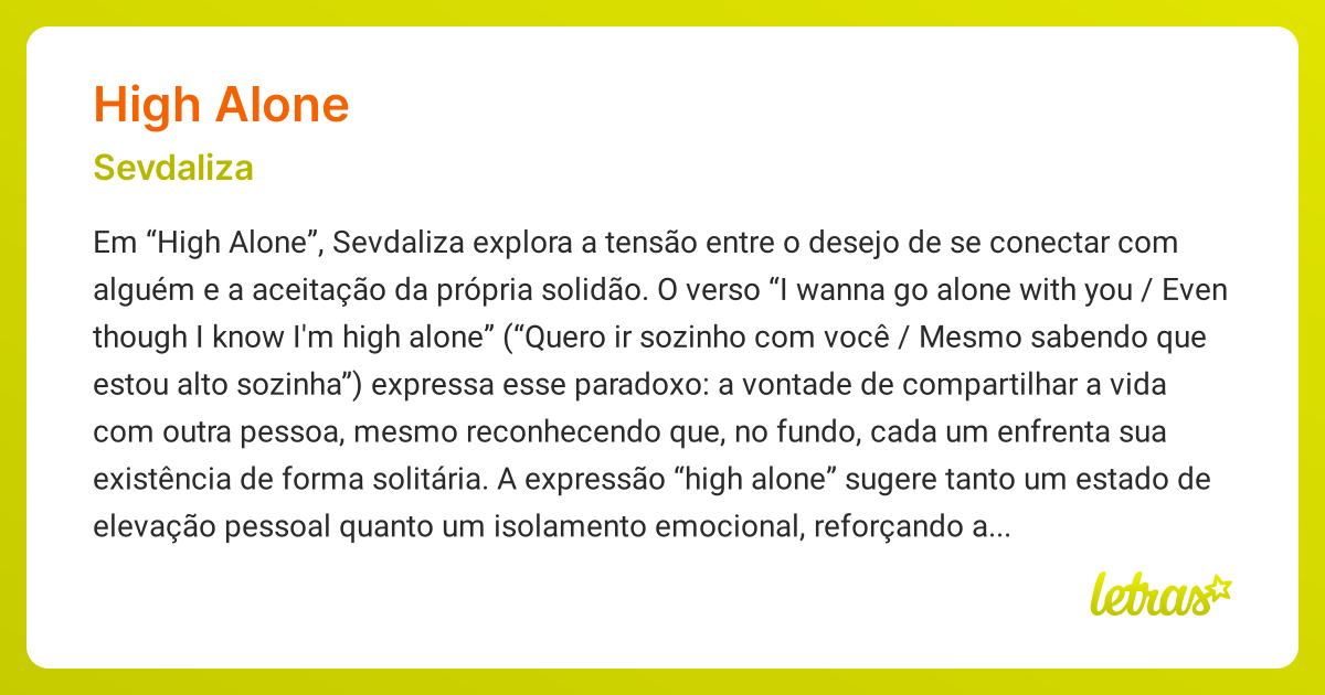 Significado da música HIGH ALONE (Sevdaliza) - LETRAS.MUS.BR
