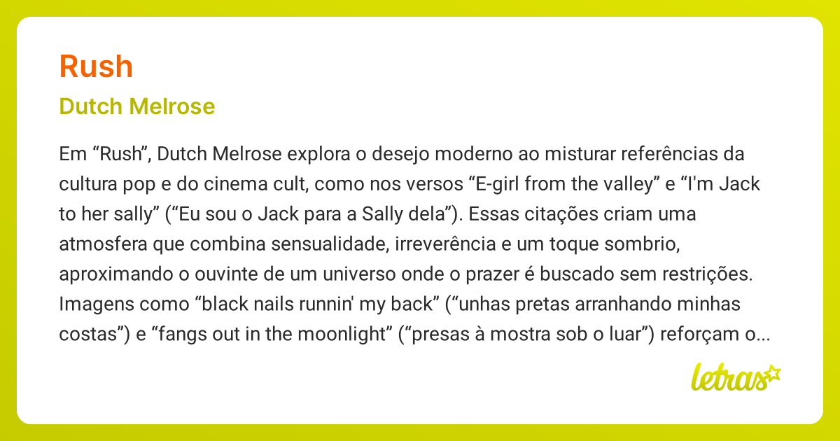 Significado da música RUSH (Dutch Melrose) - LETRAS.MUS.BR