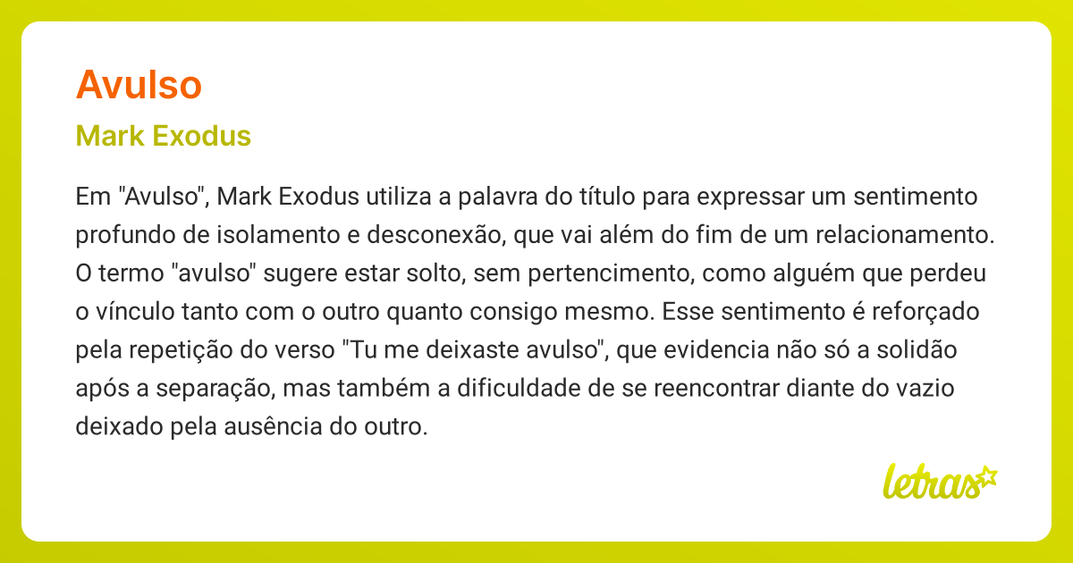 Significado da música AVULSO (Mark Exodus) - LETRAS.MUS.BR
