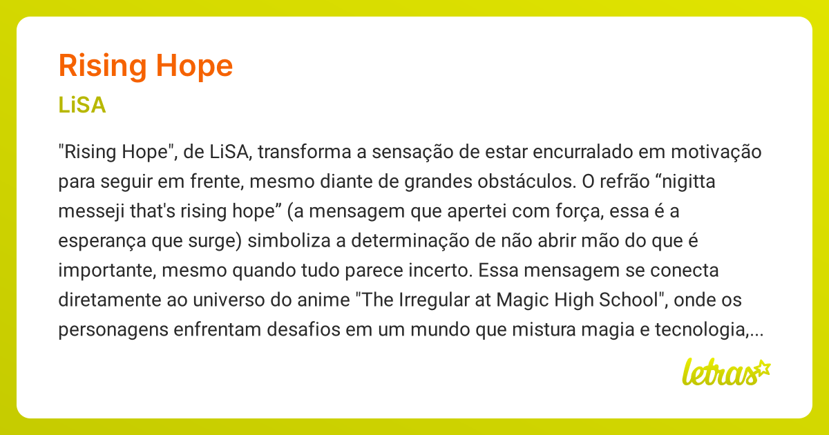 Significado da música RISING HOPE (LiSA) - LETRAS.MUS.BR