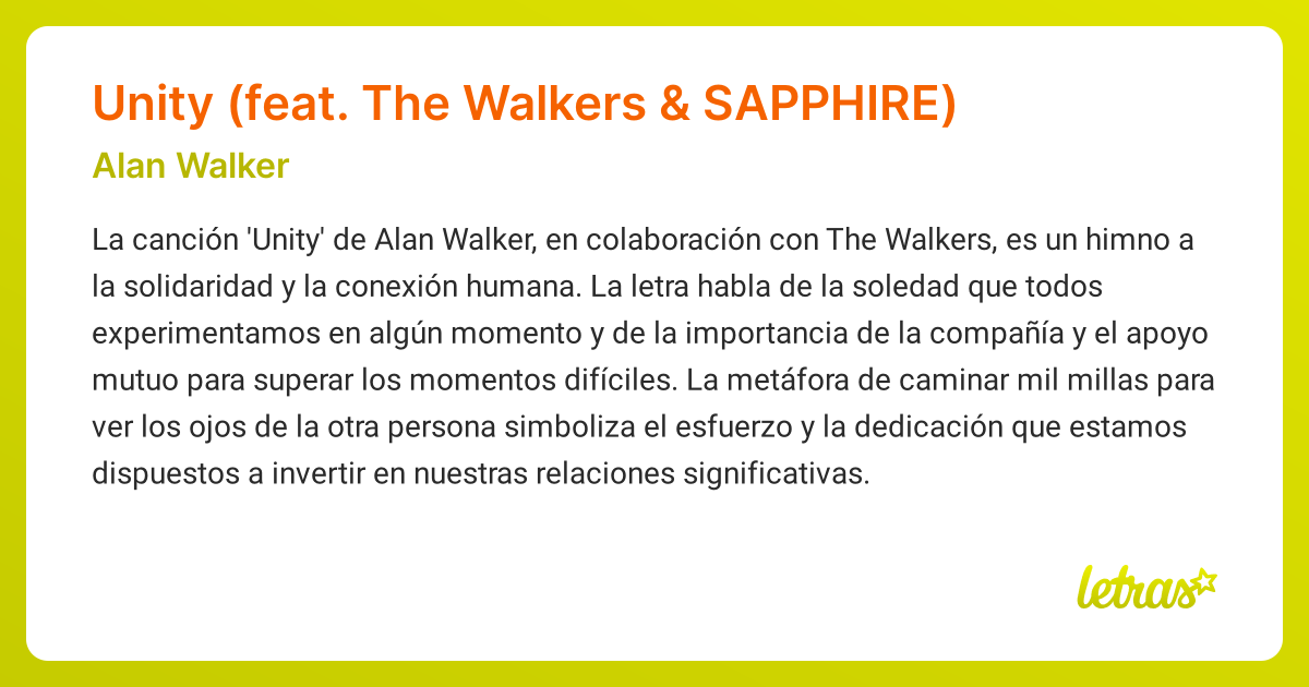 Significado de la canción Unity (feat. The Walkers & SAPPHIRE) (Alan Walker) - LETRAS.COM