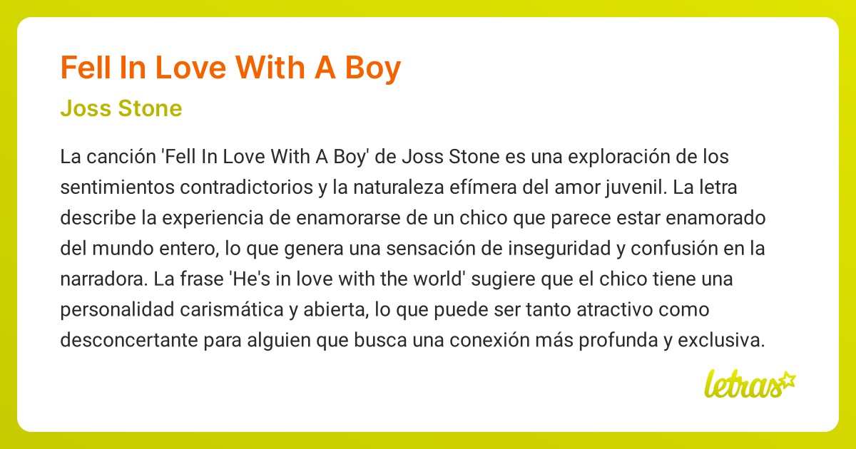 Significado de la canción FELL IN LOVE WITH A BOY (Joss Stone) - LETRAS.COM