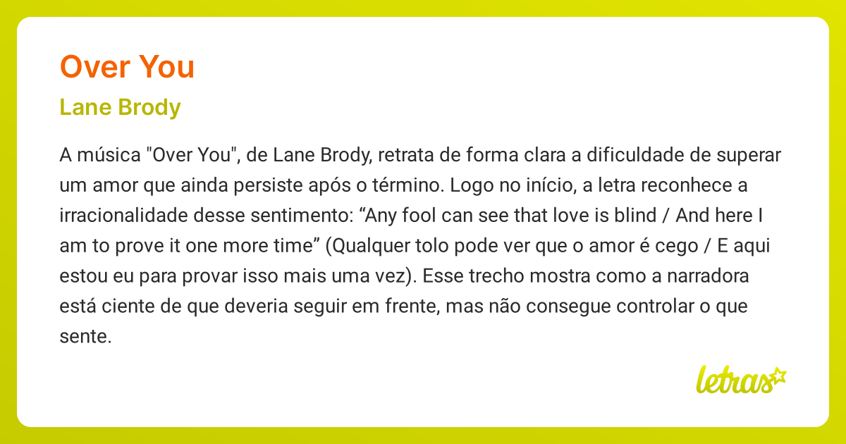 Significado da música OVER YOU (Lane Brody) - LETRAS.MUS.BR