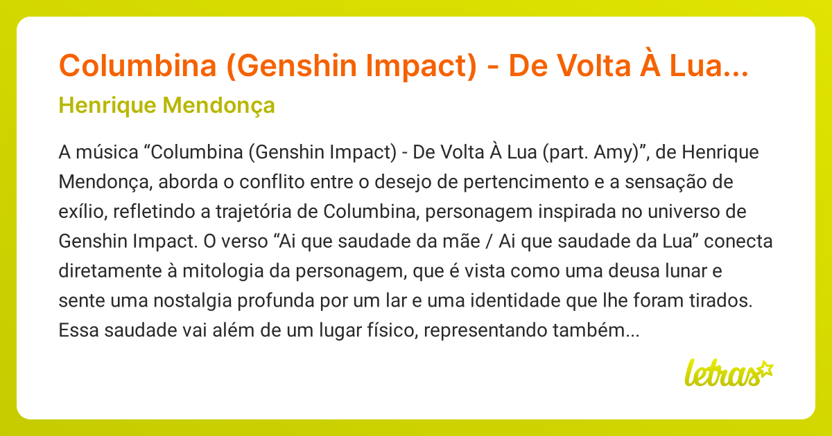 Significado da música Columbina (Genshin Impact) - De Volta À Lua (part ...