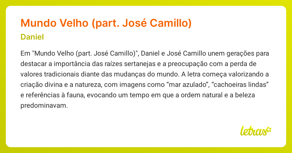 Significado da música Mundo Velho (part. José Camillo) (Daniel ...