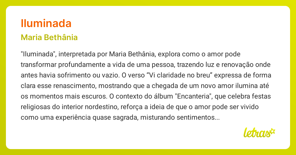 Significado da música ILUMINADA (Maria Bethânia) - LETRAS.MUS.BR