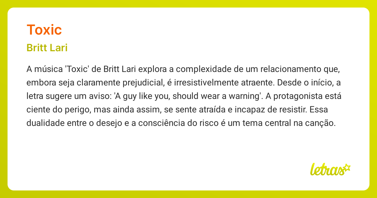 Significado da música TOXIC (Britt Lari) - LETRAS.MUS.BR