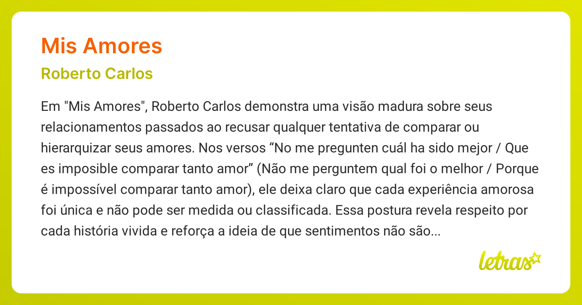 Significado da música MIS AMORES (Roberto Carlos) - LETRAS.MUS.BR