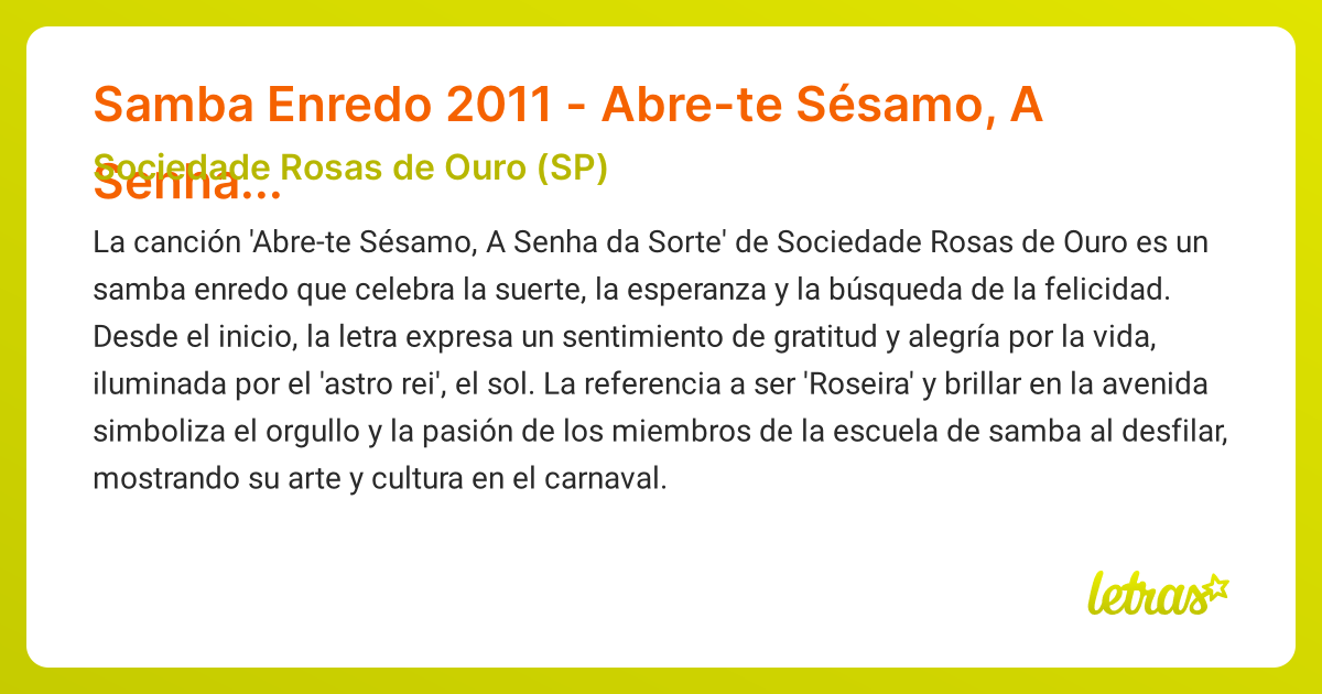 Significado de la canción Samba Enredo 2011 - Abre-te Sésamo, A Senha ...