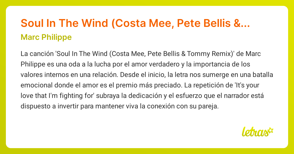 Significado de la canción Soul In The Wind (Costa Mee, Pete Bellis ...