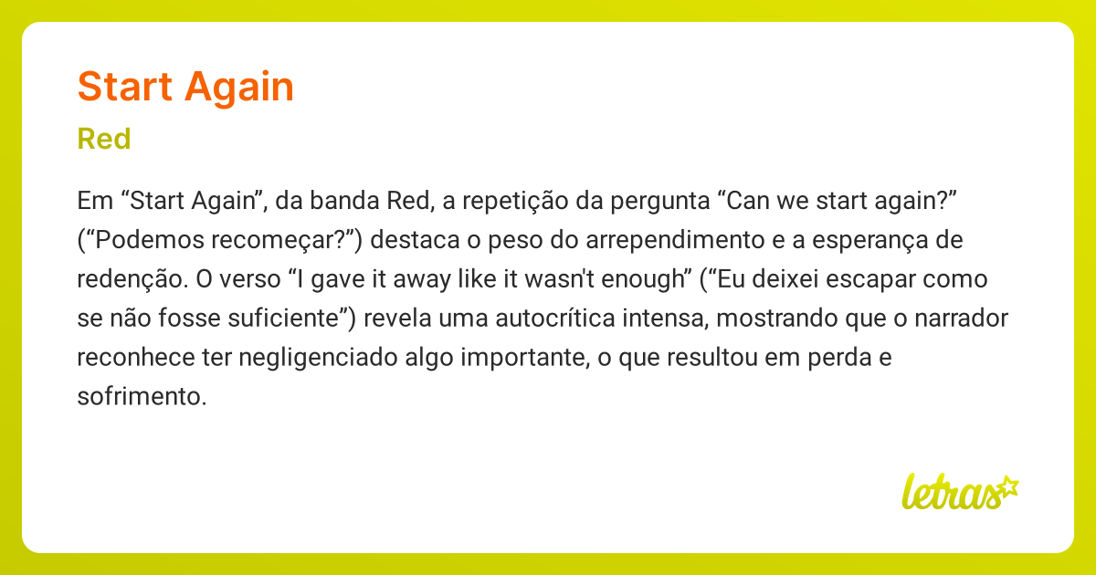 Significado da música START AGAIN (Red) - LETRAS.MUS.BR