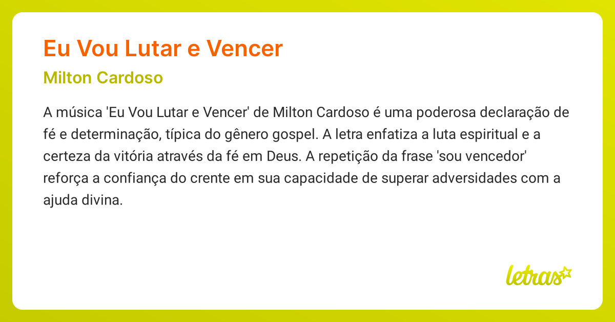 Significado da música EU VOU LUTAR E VENCER (Milton Cardoso) - LETRAS ...