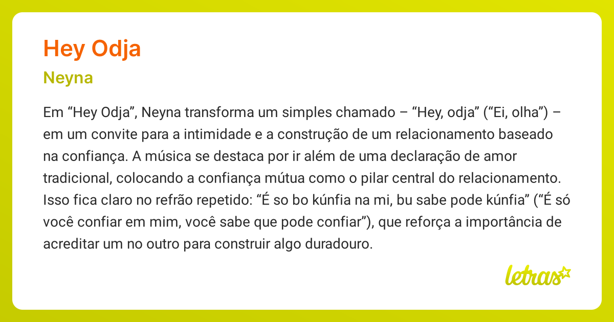 Significado da música HEY ODJA (Neyna) - LETRAS.MUS.BR