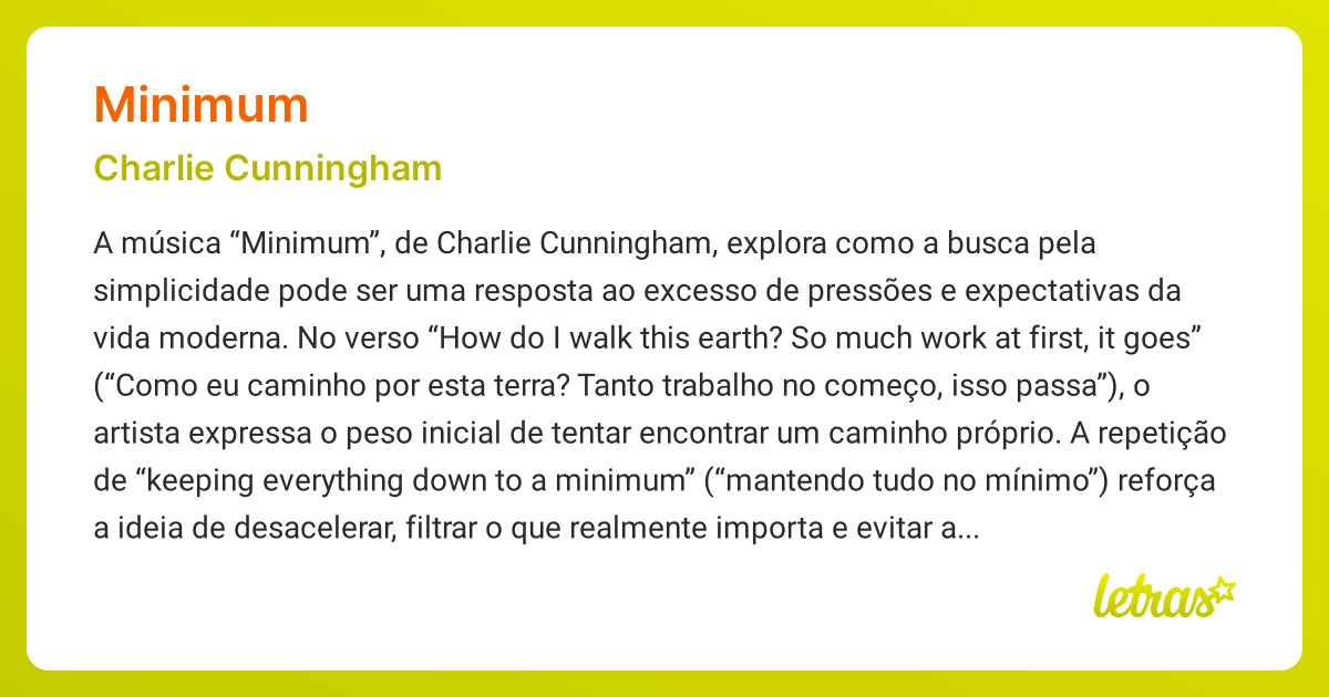 Significado da música MINIMUM (Charlie Cunningham) - LETRAS.MUS.BR