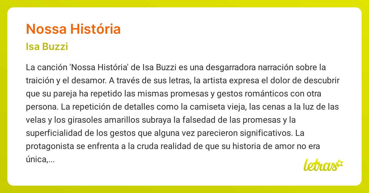 Significado de la canción NOSSA HISTÓRIA (Isa Buzzi) - LETRAS.COM
