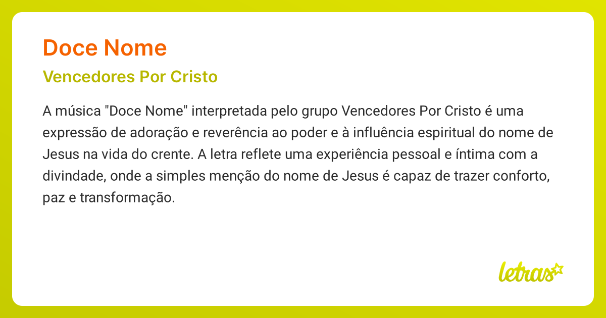 Significado da música DOCE NOME (Vencedores Por Cristo) - LETRAS.MUS.BR