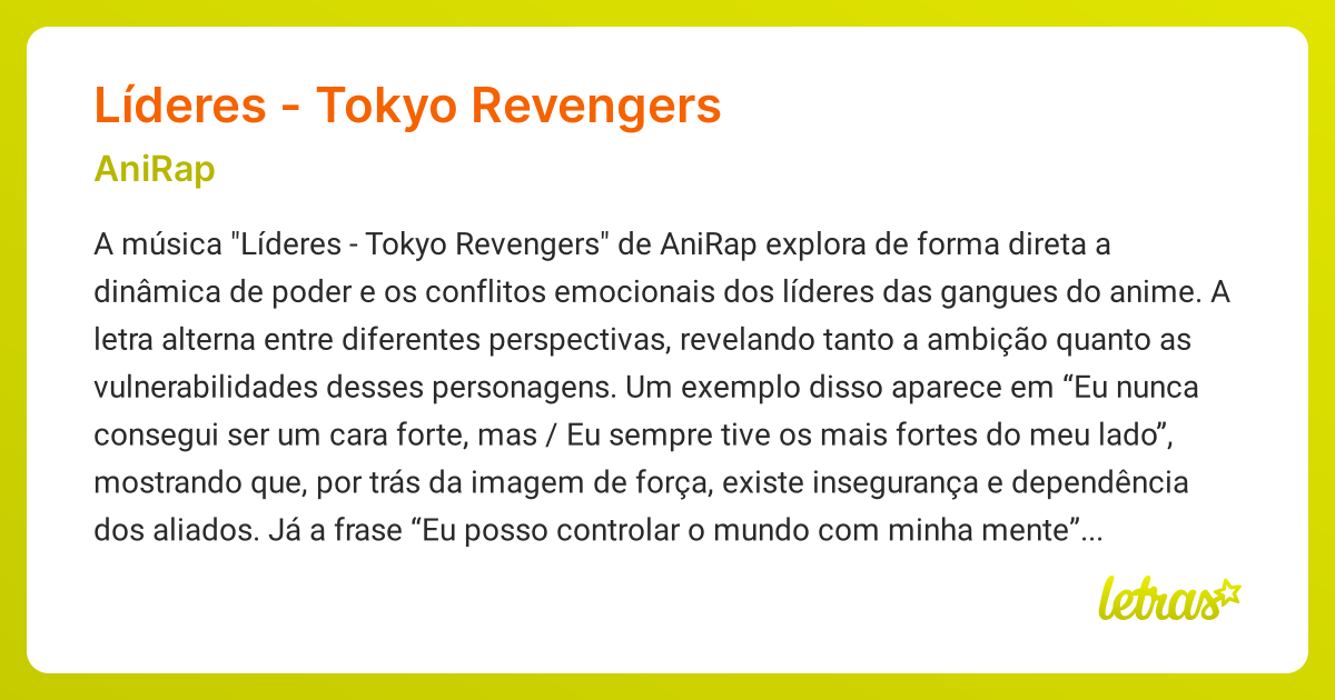 Significado da música LÍDERES - TOKYO REVENGERS (AniRap) - LETRAS.MUS.BR