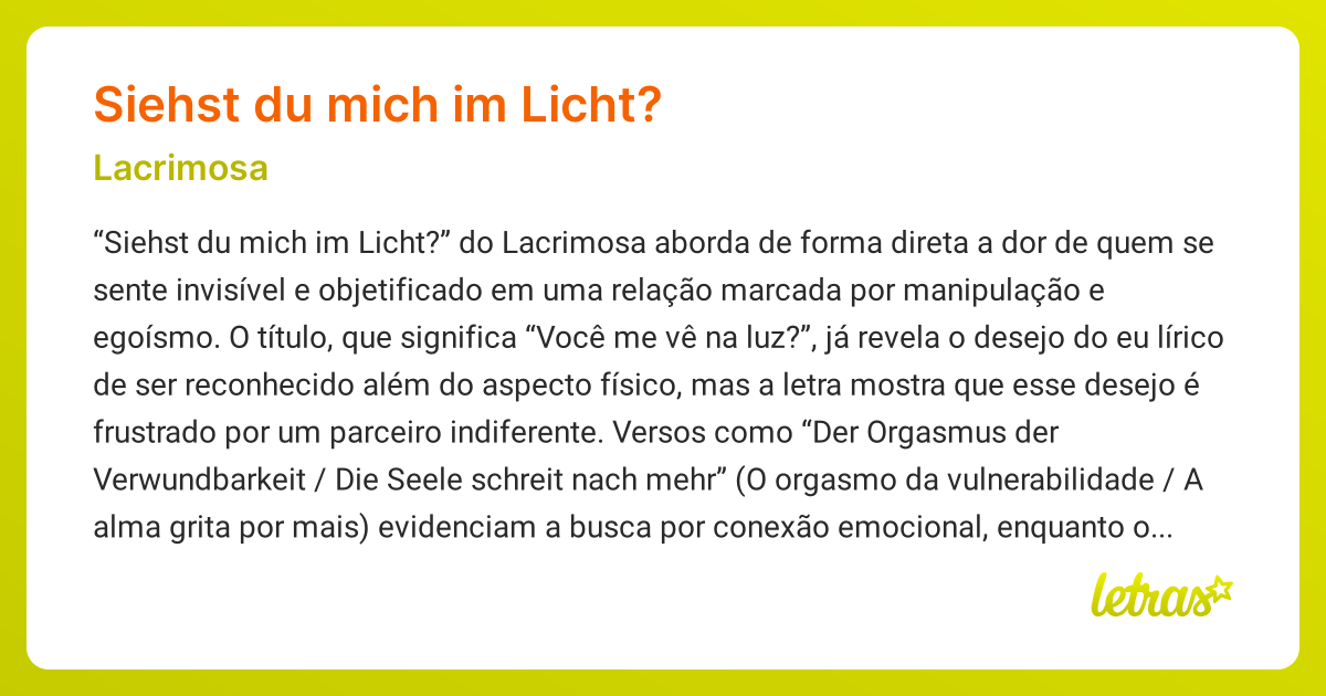 Significado da música SIEHST DU MICH IM LICHT? (Lacrimosa) - LETRAS.MUS.BR