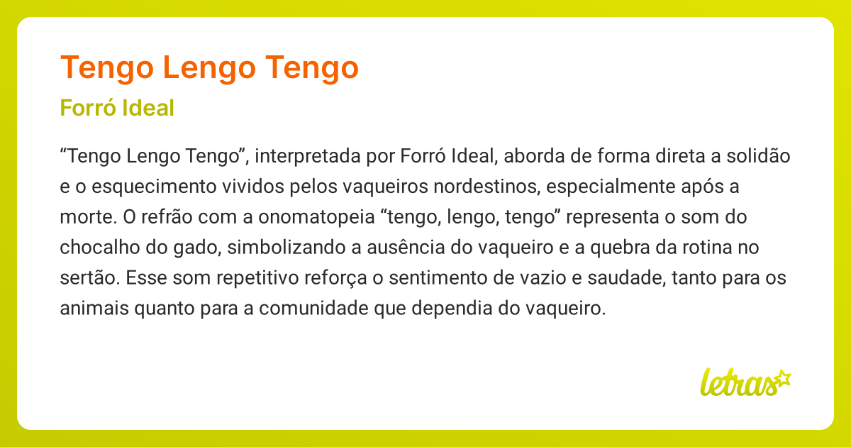 Significado da música TENGO LENGO TENGO (Forró Ideal) - LETRAS.MUS.BR