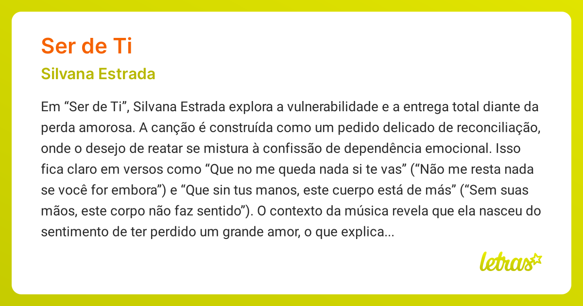 Significado da música SER DE TI (Silvana Estrada) - LETRAS.MUS.BR