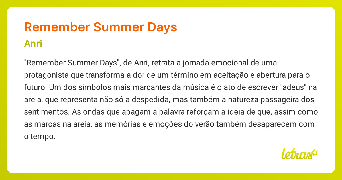 Significado da música REMEMBER SUMMER DAYS (Anri) - LETRAS.MUS.BR