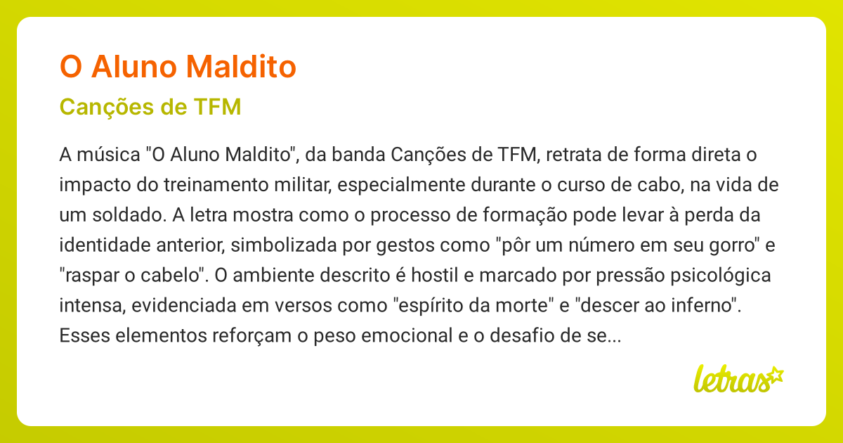 Significado da música O ALUNO MALDITO (Canções de TFM) - LETRAS.MUS.BR