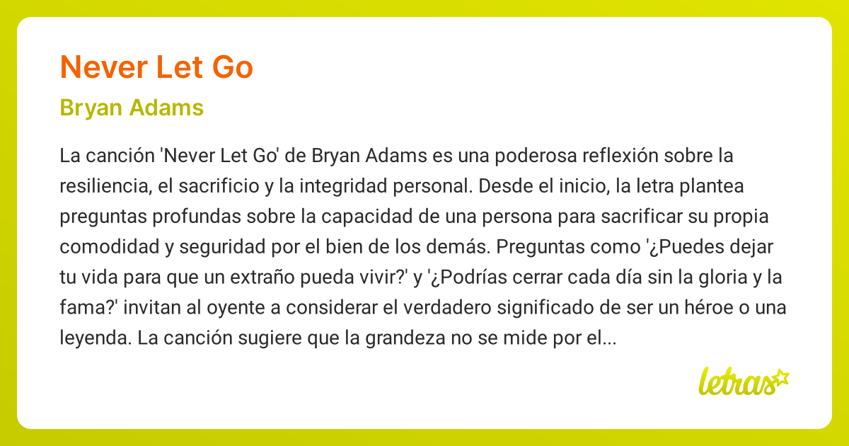 Significado de la canción NEVER LET GO (Bryan Adams) - LETRAS.COM