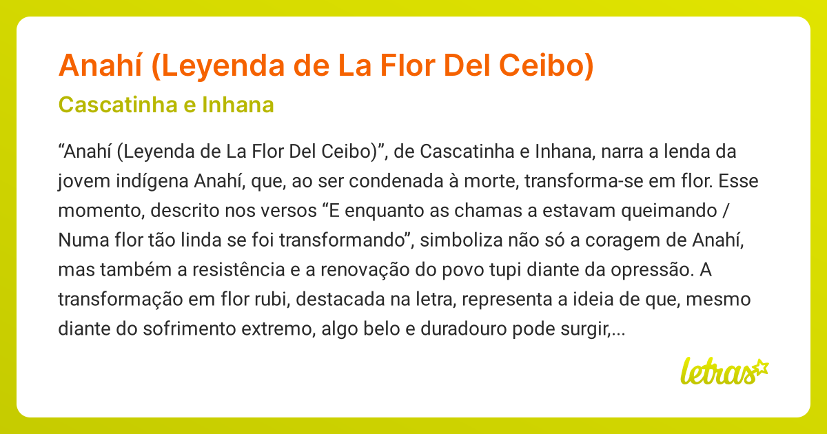 Significado da música Anahí (Leyenda de La Flor Del Ceibo) (Cascatinha ...