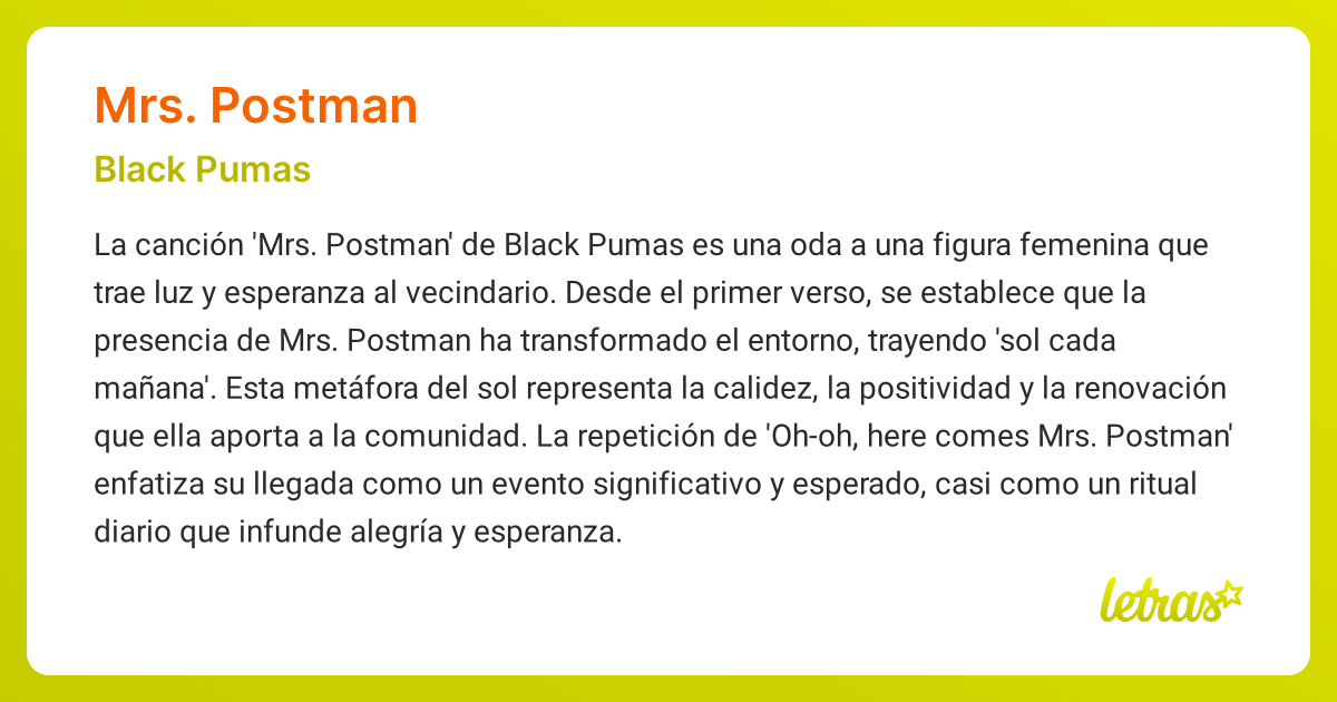 Significado de la canción MRS. POSTMAN (Black Pumas) - LETRAS.COM