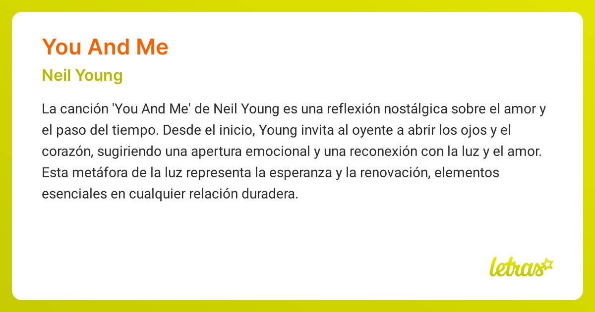 Significado de la canción YOU AND ME (Neil Young) - LETRAS.COM