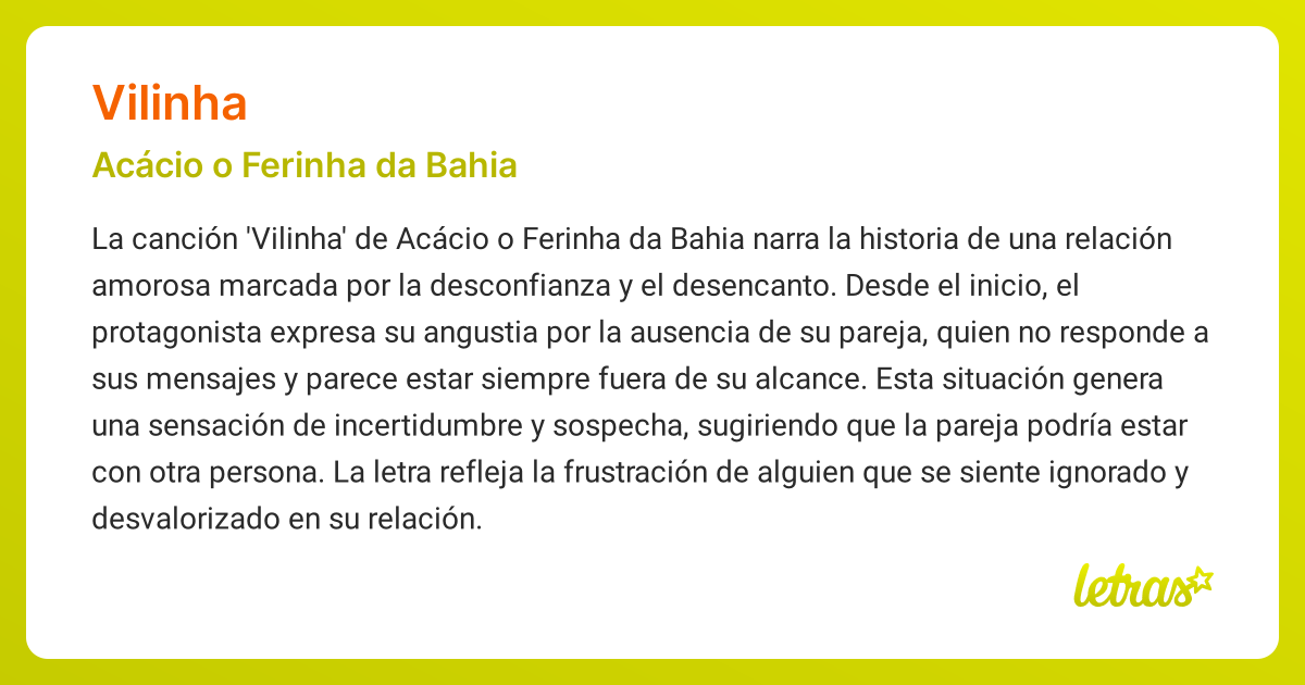 Significado de la canción VILINHA (Acácio o Ferinha da Bahia) - LETRAS.COM